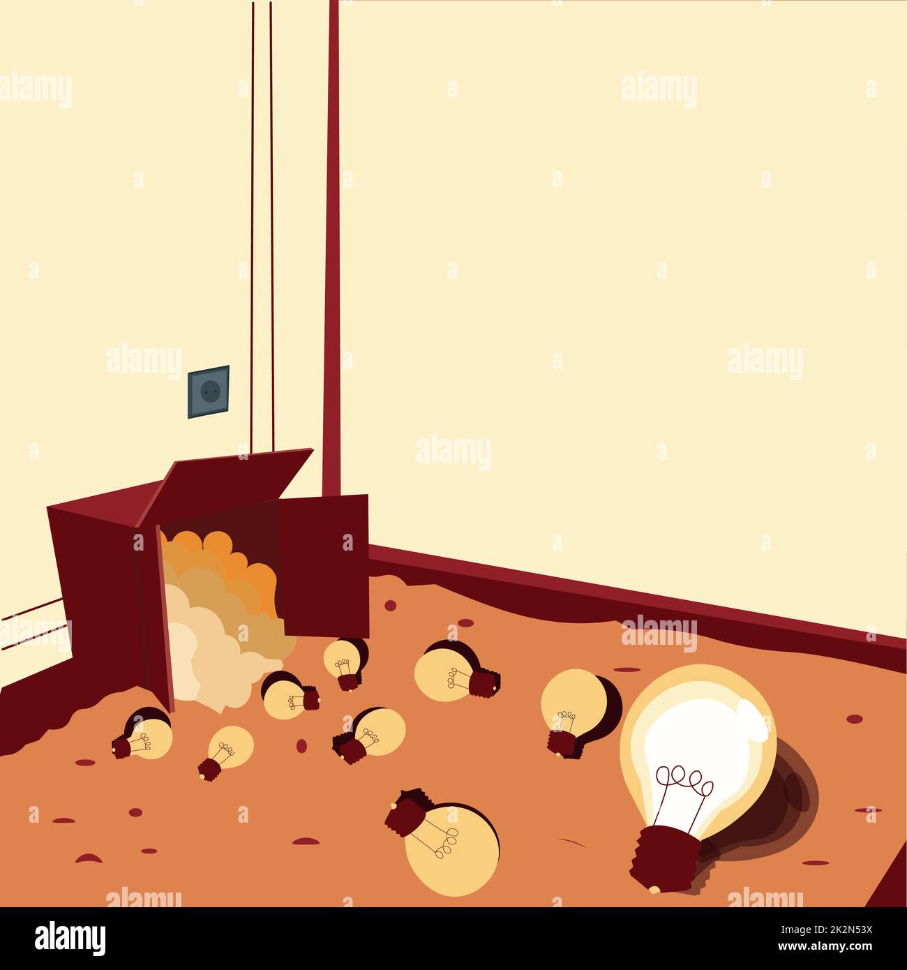 Glowing light bulbs scattered floor represent out of box ideas. Many ...