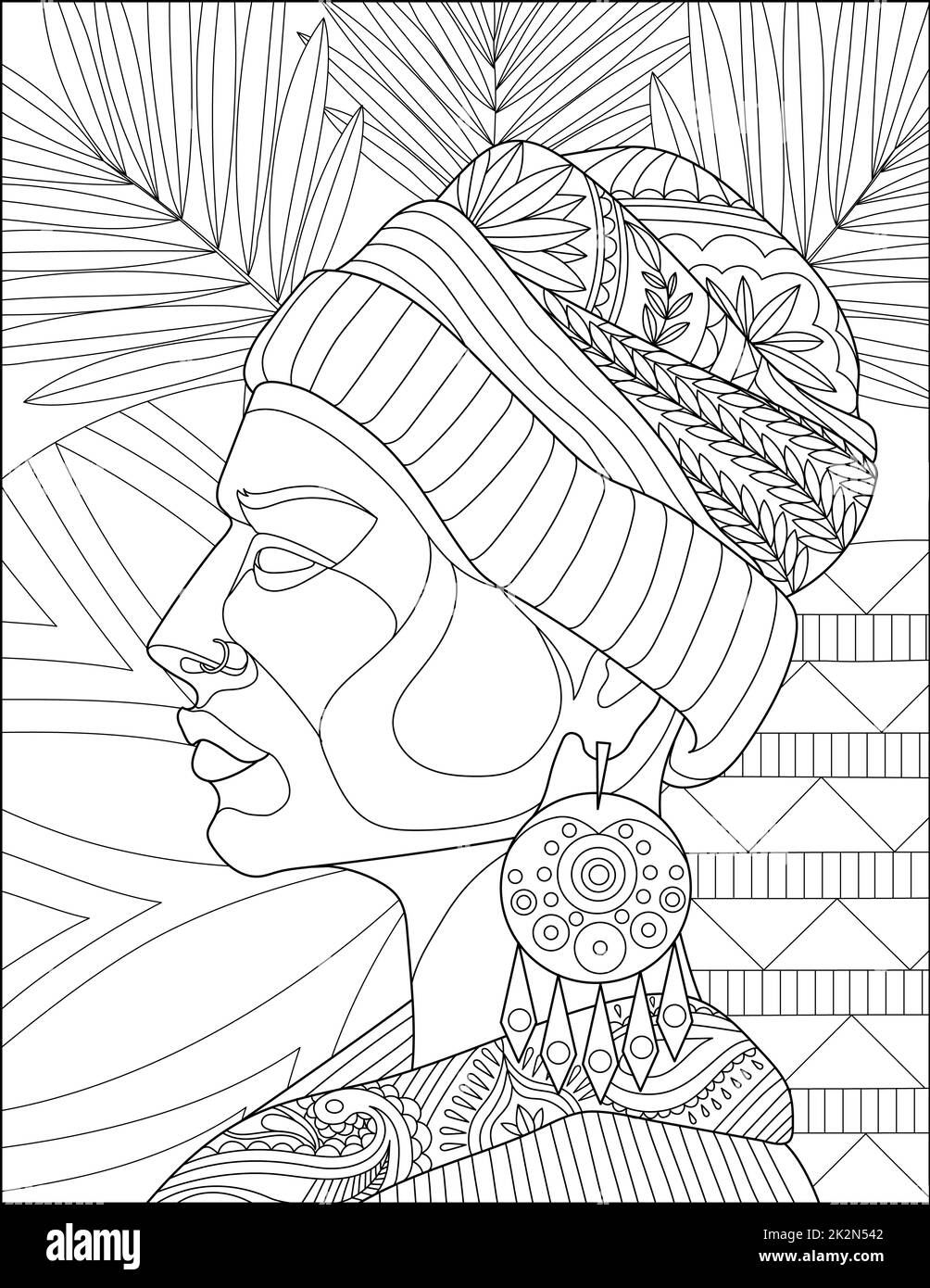 Vector line drawing stylized girl elaborate decorated hat earrings ...