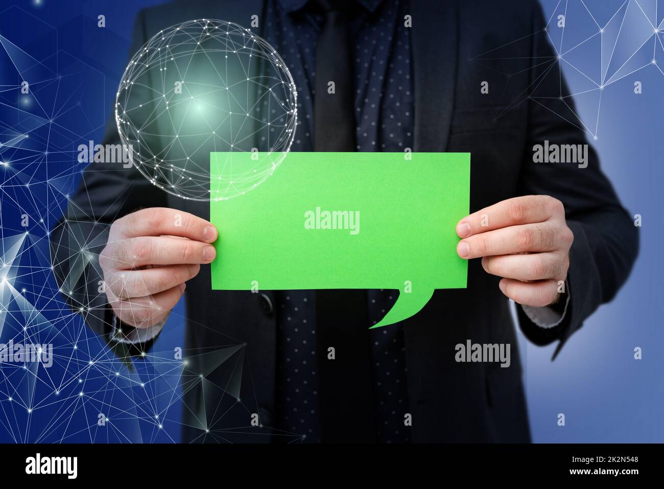 Businessman in suit holding paper represents global innovative thinking ...