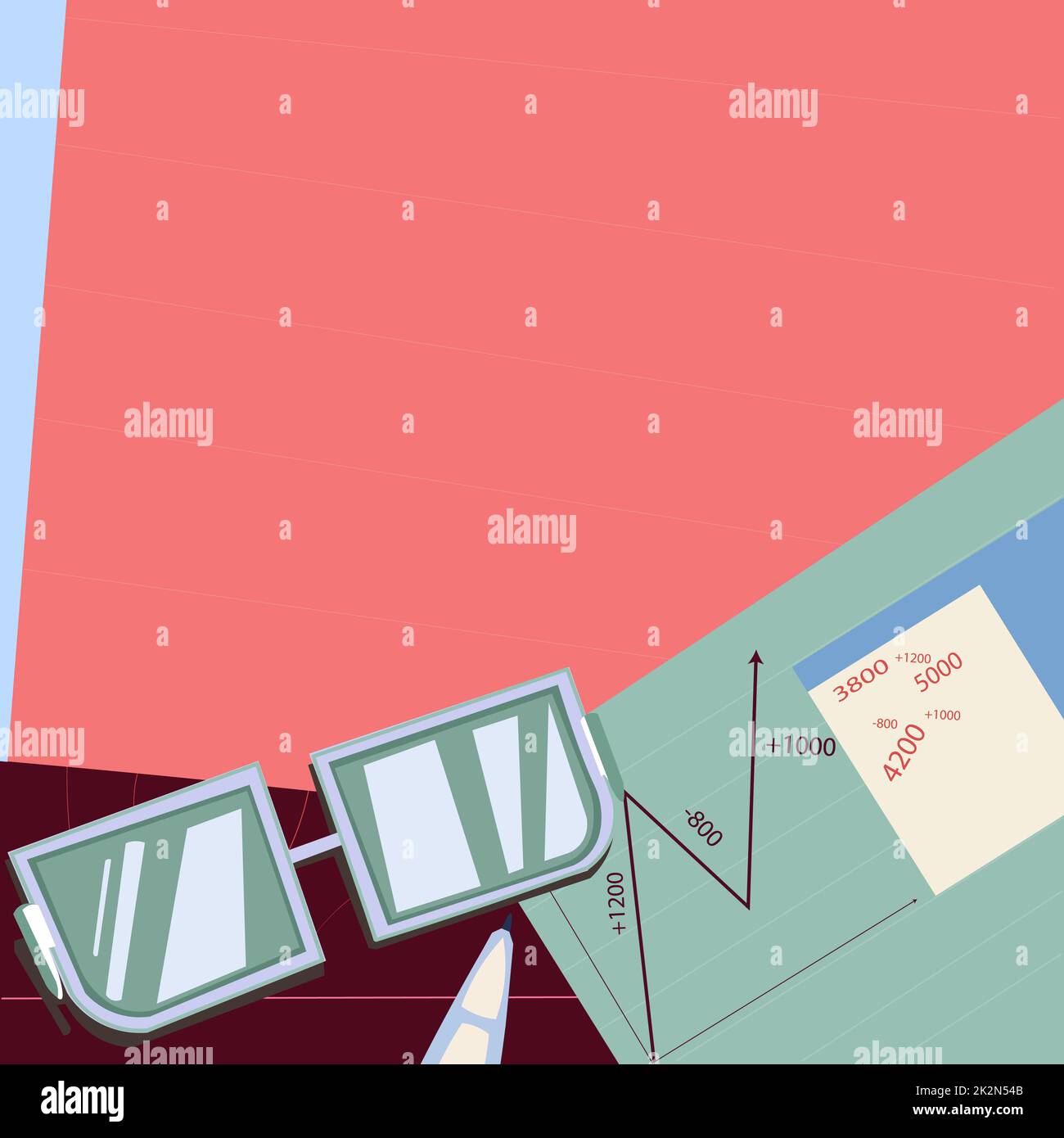 Glasses sitting on desk surrounded with papers consisting charts ...