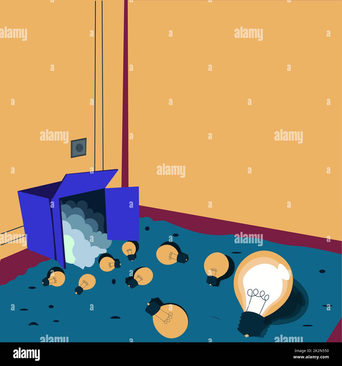 Glowing light bulbs scattered floor represent out of box ideas. Many ...