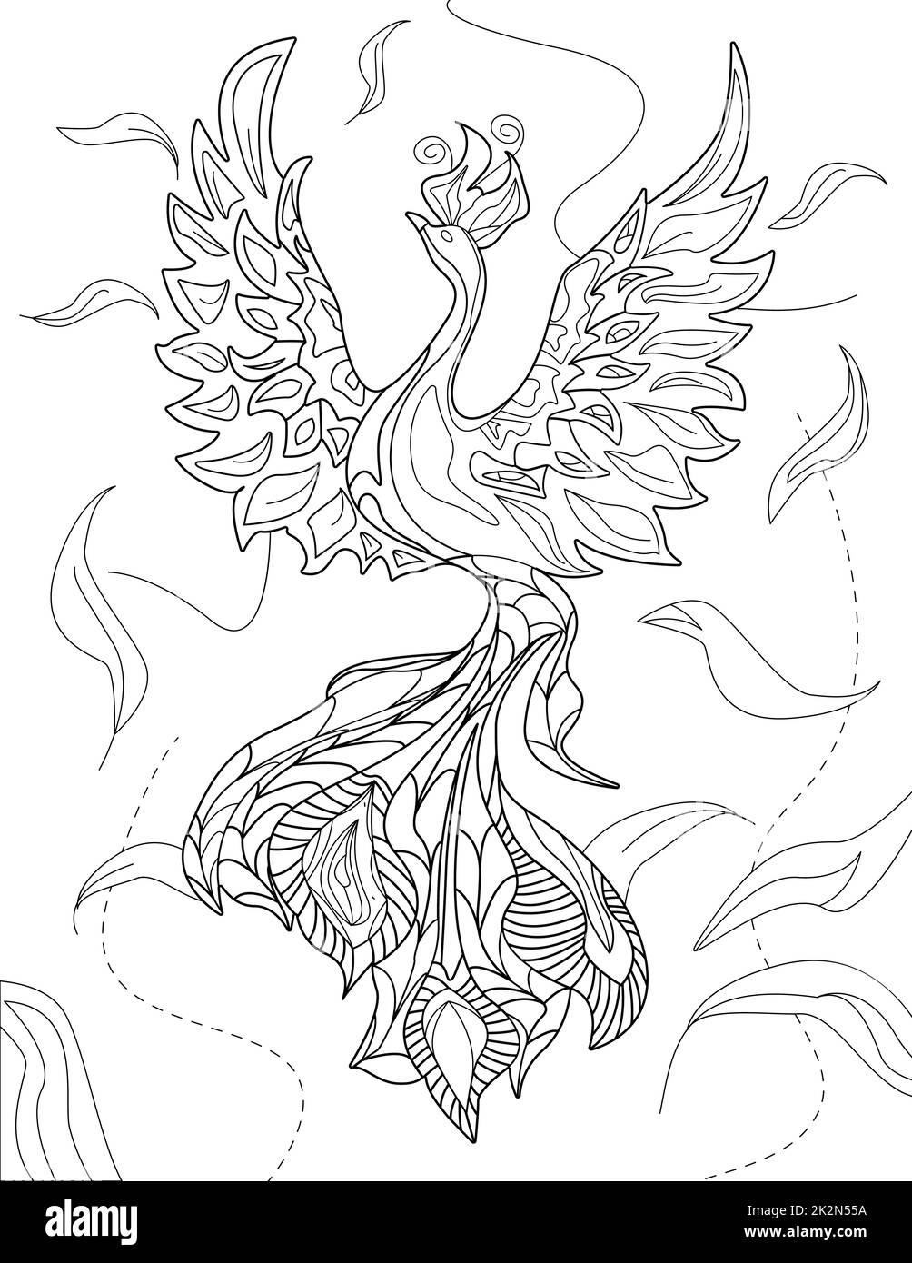 Abstract vector line drawing stylized elegant phoenix flowy feather ...