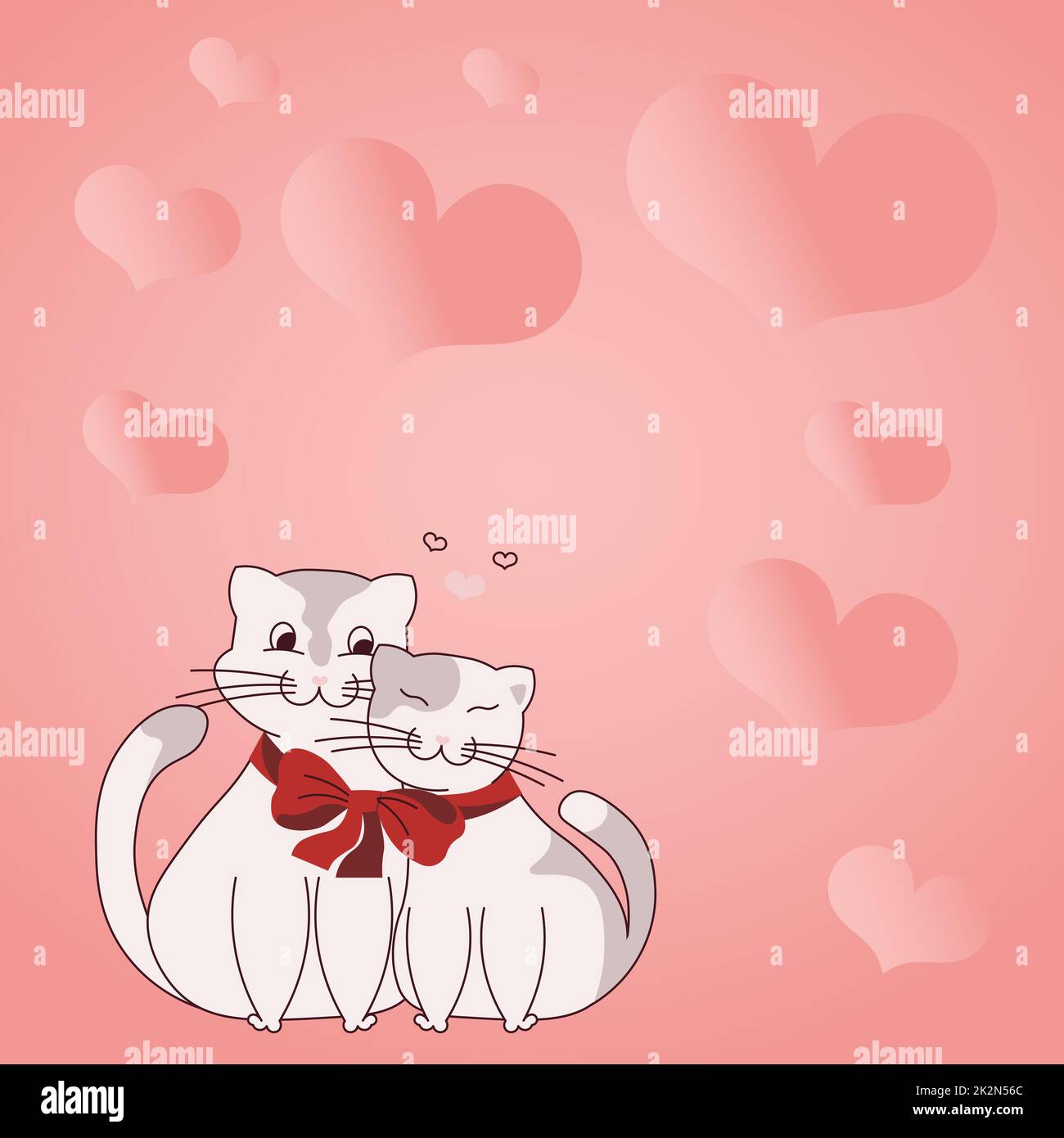 Two cats cuddling tied together with bow and hearts in the background ...