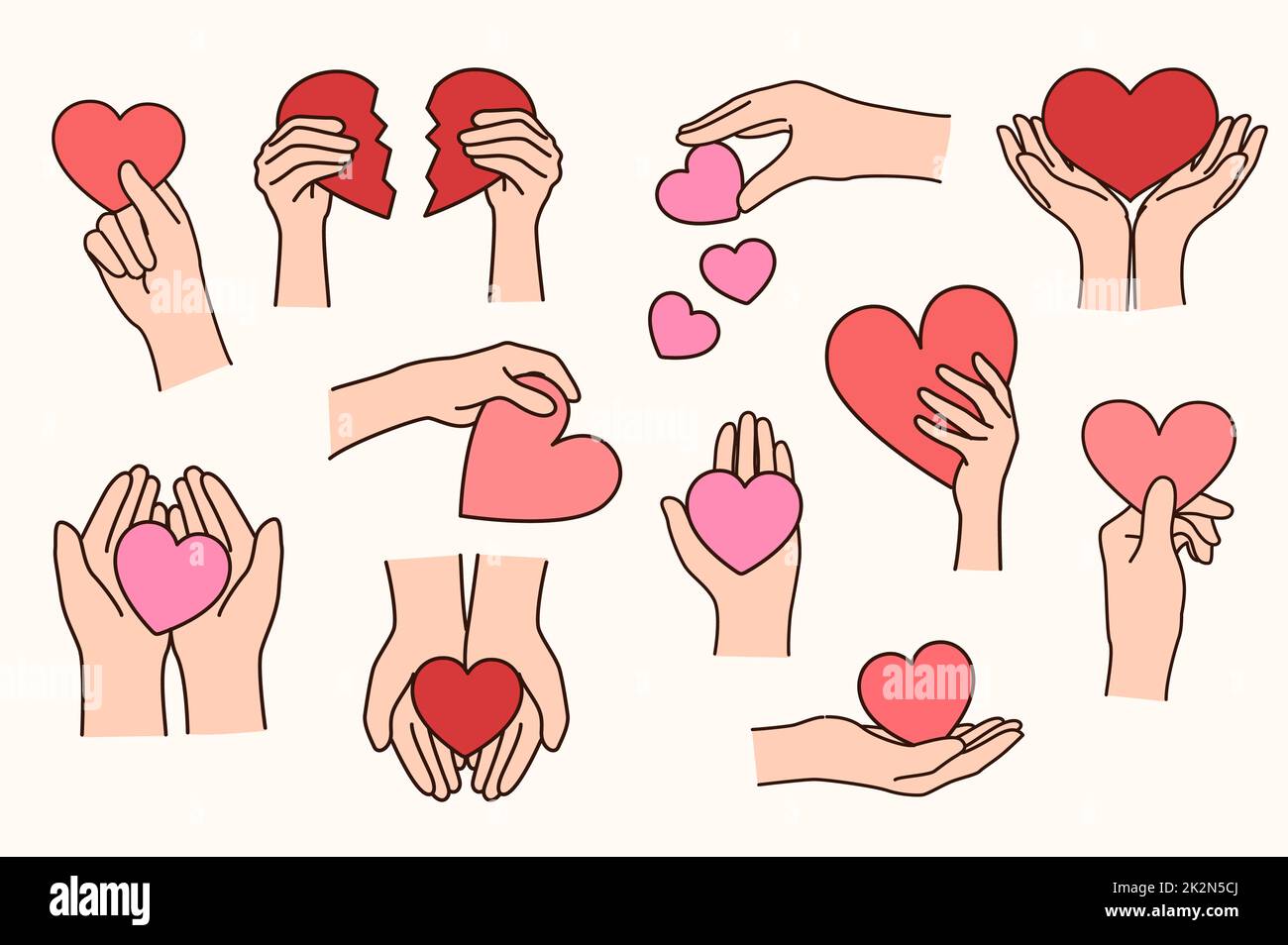 Set of people hands with various hearts Stock Photo - Alamy