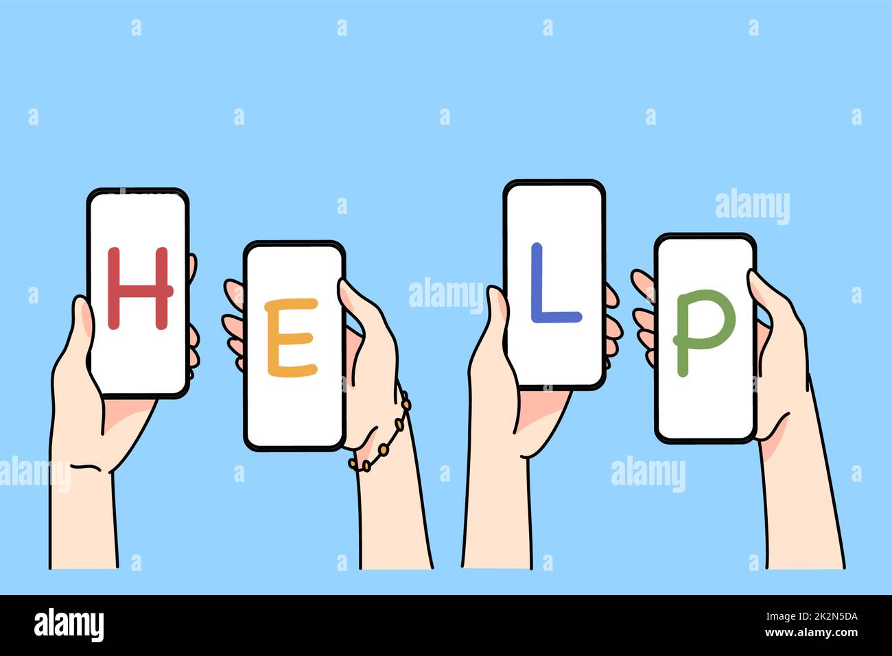 People hands with cellphones ask for help Stock Photo - Alamy