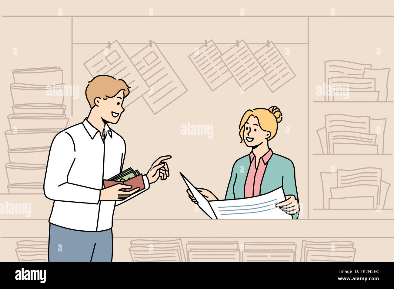 Smiling man buy newspaper in outdoor kiosk Stock Photo - Alamy