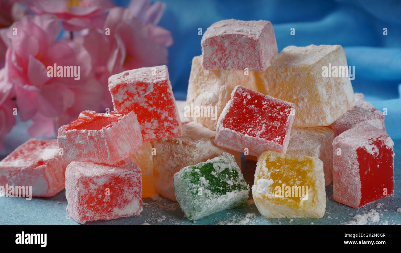 Assorted Turkish delights Rahat lokum. Colorful cubes of Turkish ...