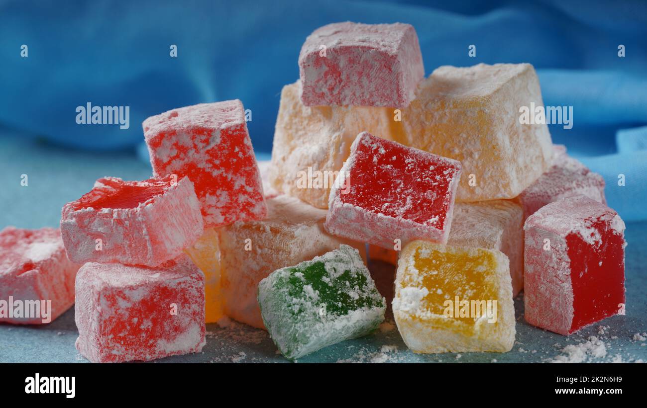Assorted Turkish delights Rahat lokum. Colorful cubes of Turkish ...