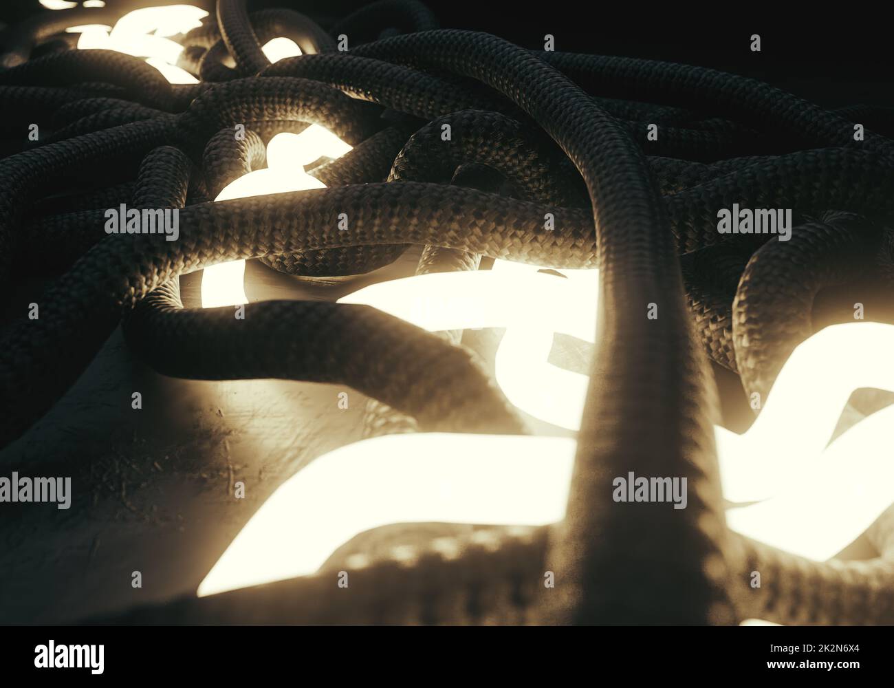 A concept showing a pile of jumbled braided tech cables with one ...