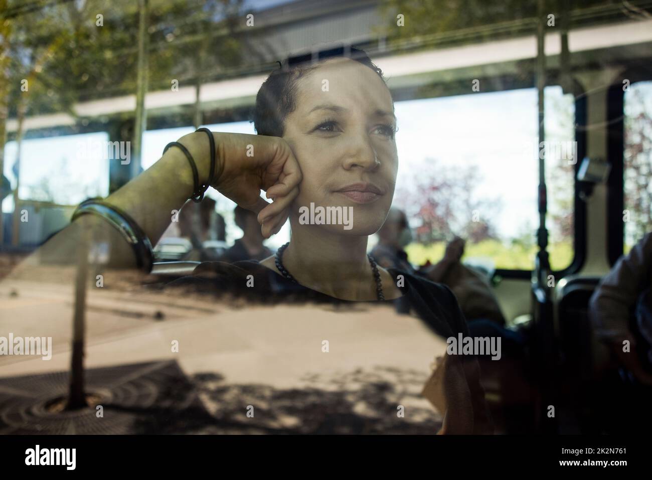 Out a city bus window hi-res stock photography and images - Alamy