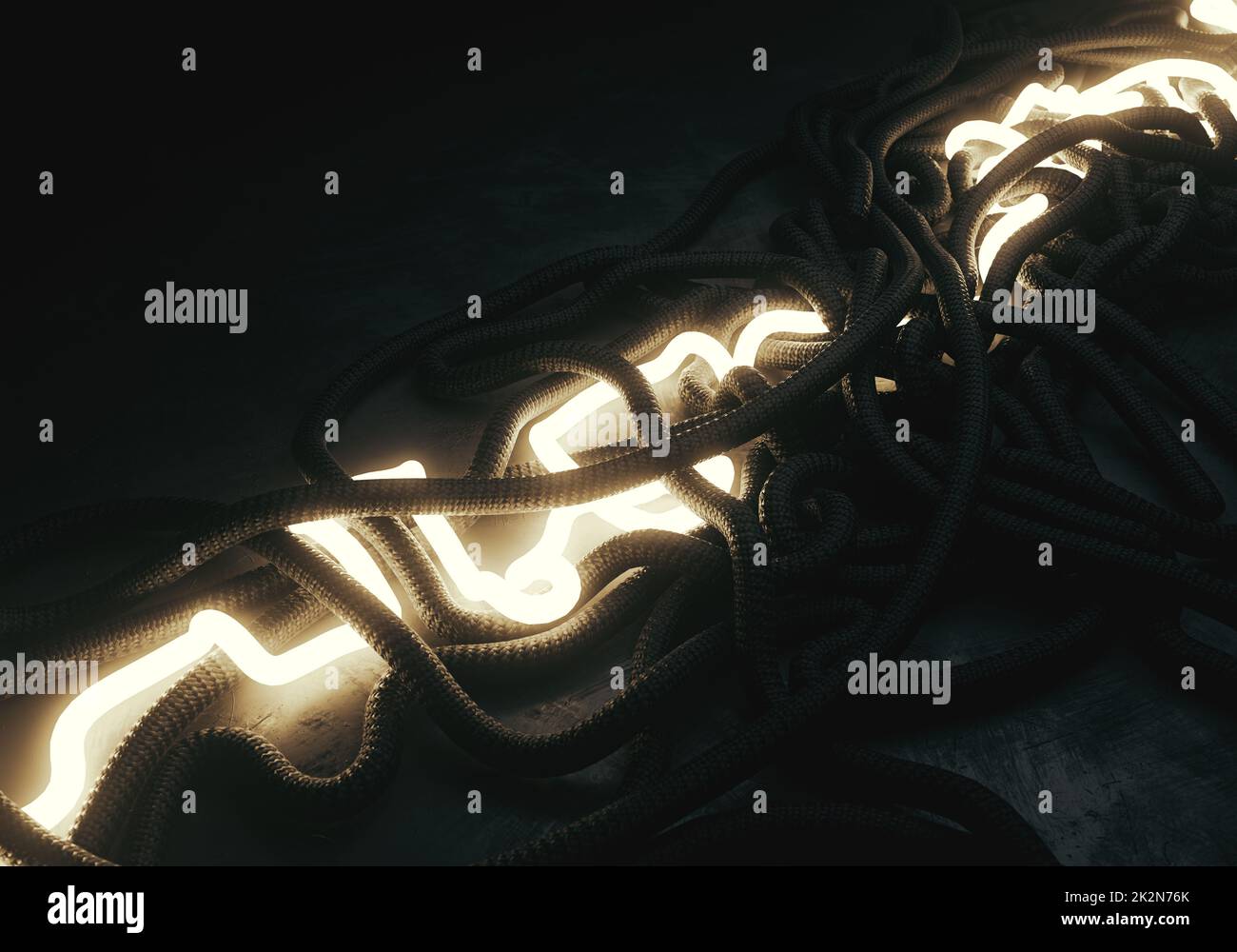 A concept showing a pile of jumbled braided tech cables with one ...