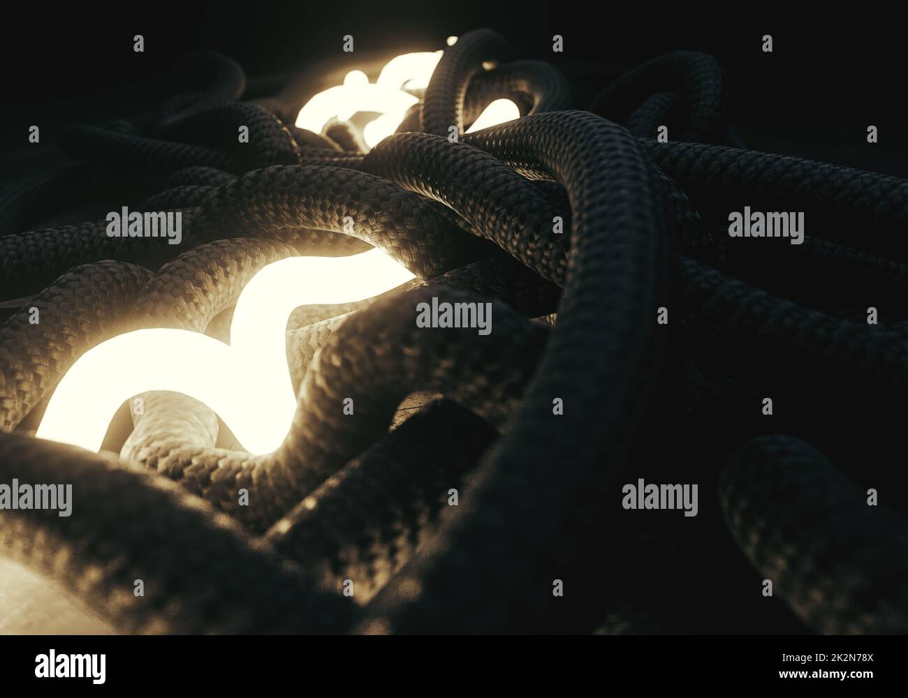 A concept showing a pile of jumbled braided tech cables with one ...