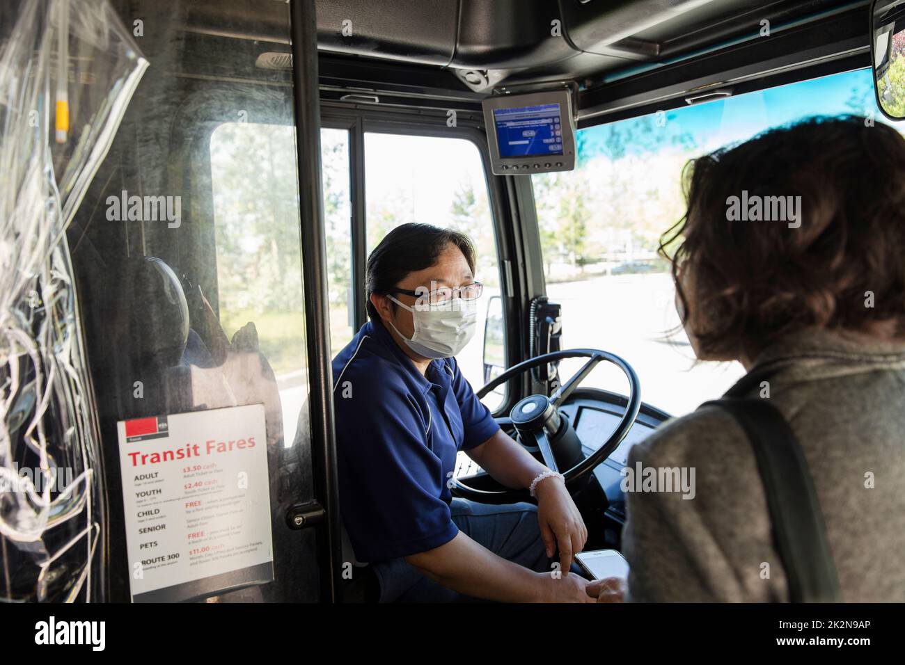Female bus driver in face mask greeting boarding passenger Stock Photo ...