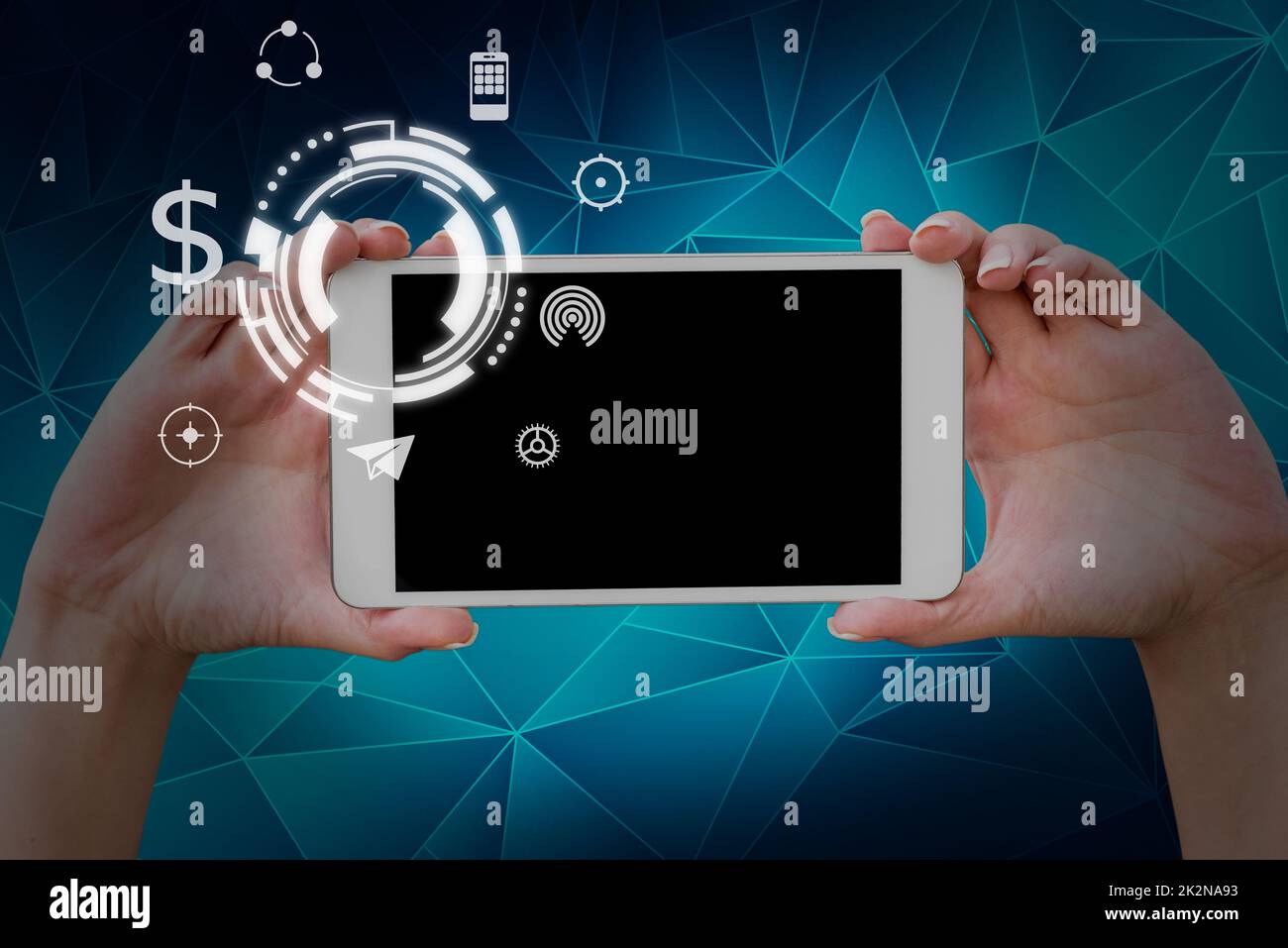 Hands holding tablet presenting innovative ideas symbolizing futuristic ...