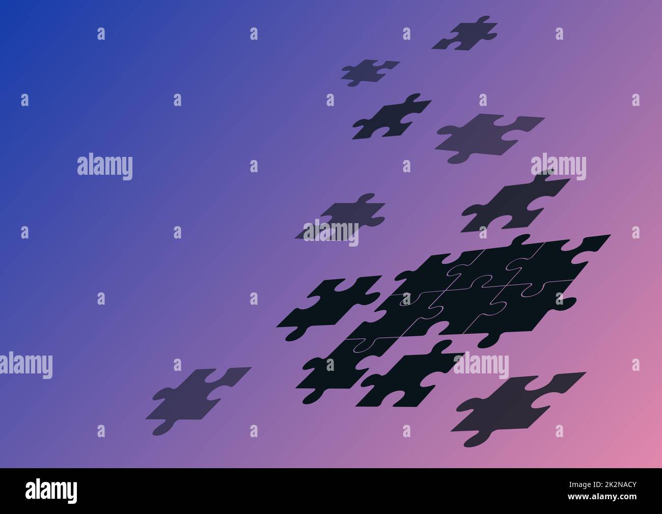 Jigsaw puzzle pieces hovering above blank space merging together ...