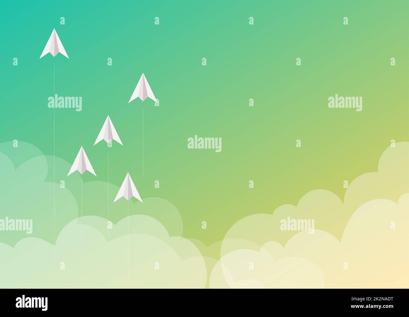 Five paper airplanes flying up sky surrounded with clouds representing ...