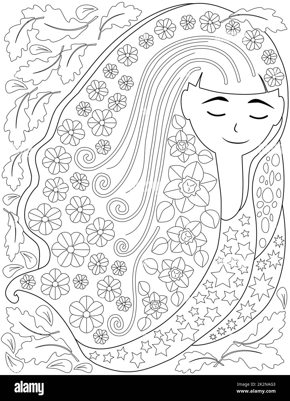 Stylized vector line drawing girl elaborate decorated flower hair ...