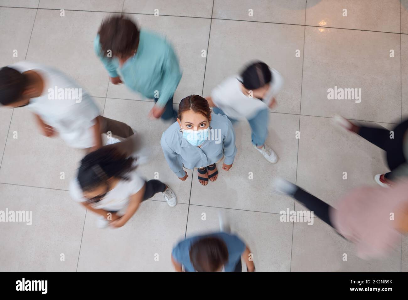 Covid, crowd and woman with face mask scared, fear and anxiety of ...