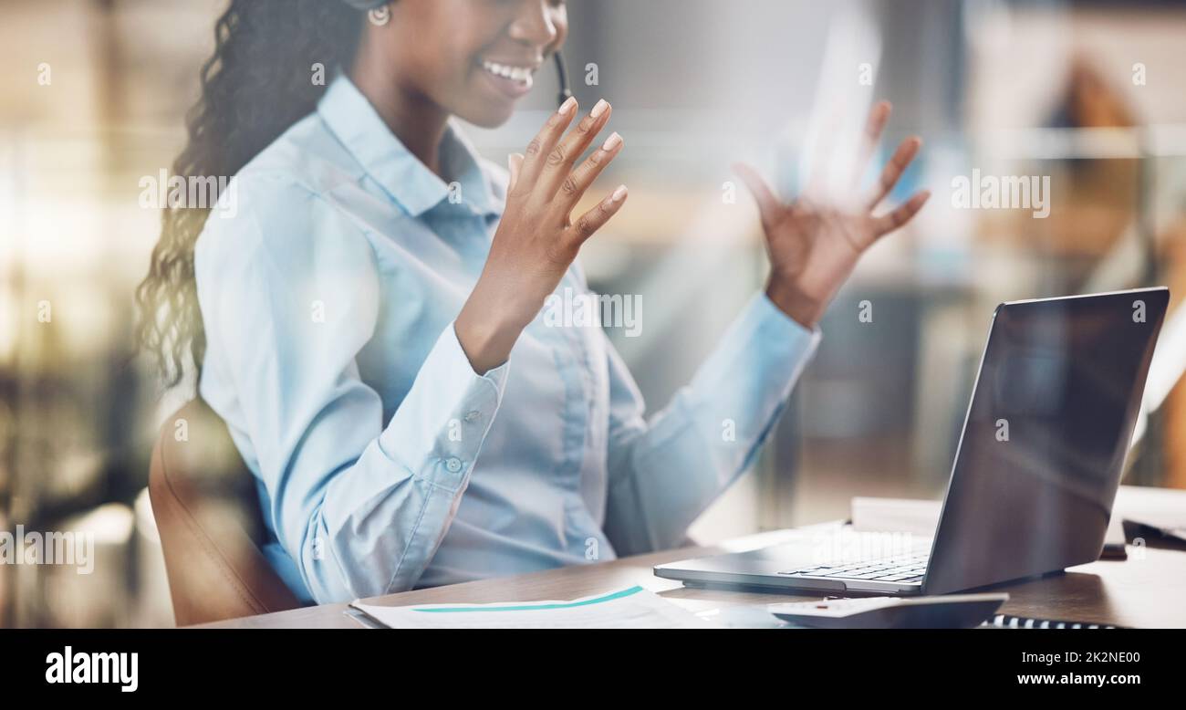 Success, black woman and call center agent or winner in office with ...