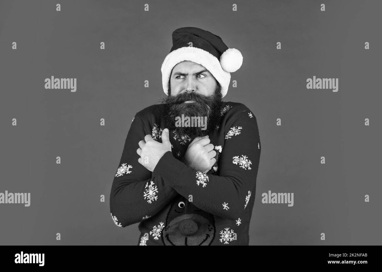 Cold weather. Holiday season mood. Bearded man santa hat. Merry ...