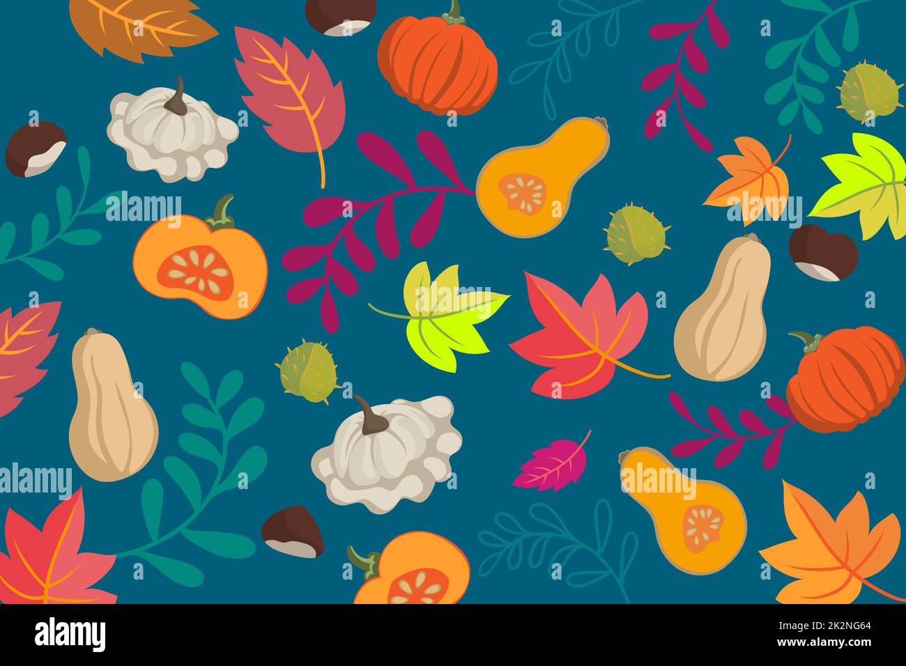 Autumn vegetables and leaves doodle background - flat design banner ...
