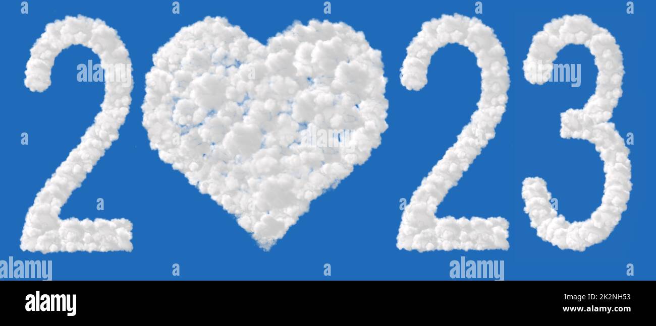 New Year2023. Clouds in shape of the letter 2023 isolated on blue. Zero ...