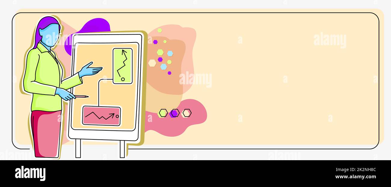 Lady in suit standing front backdrop holding presentation displaying ...