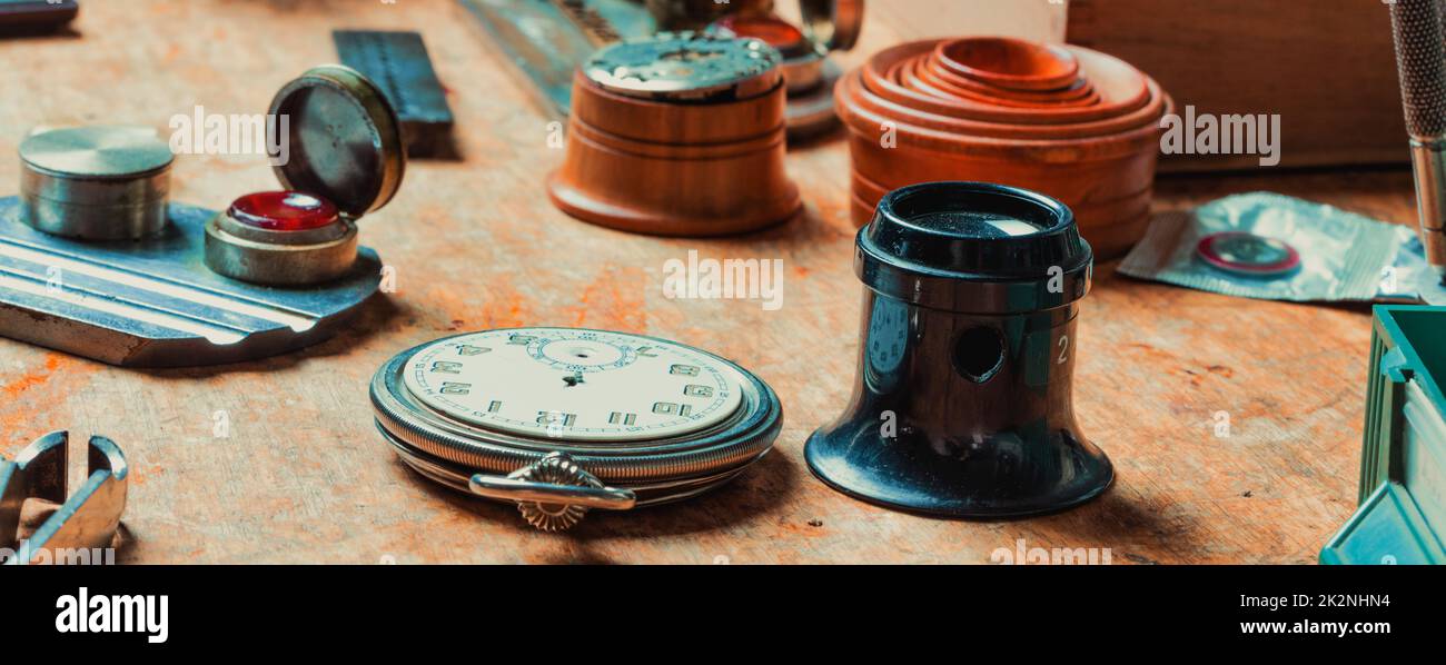 Panorama banner with watchmakers tools and Hunter pocket watch Stock ...