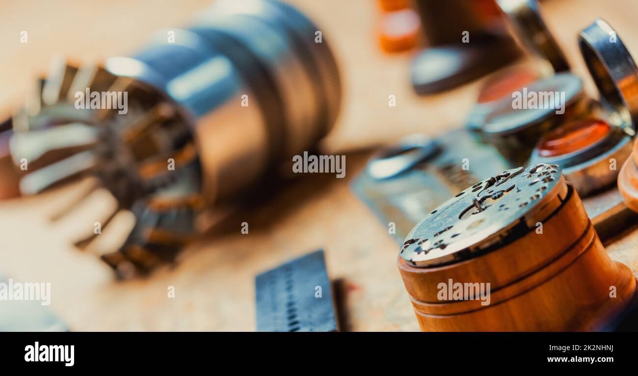 Watchmakers workbench with focus to an open mechanism Stock Photo - Alamy