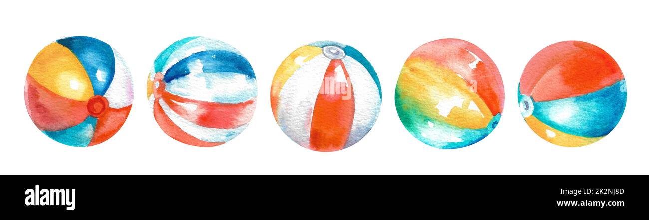 Watercolor beach balls. Collection of colorful beach balls for playing ...