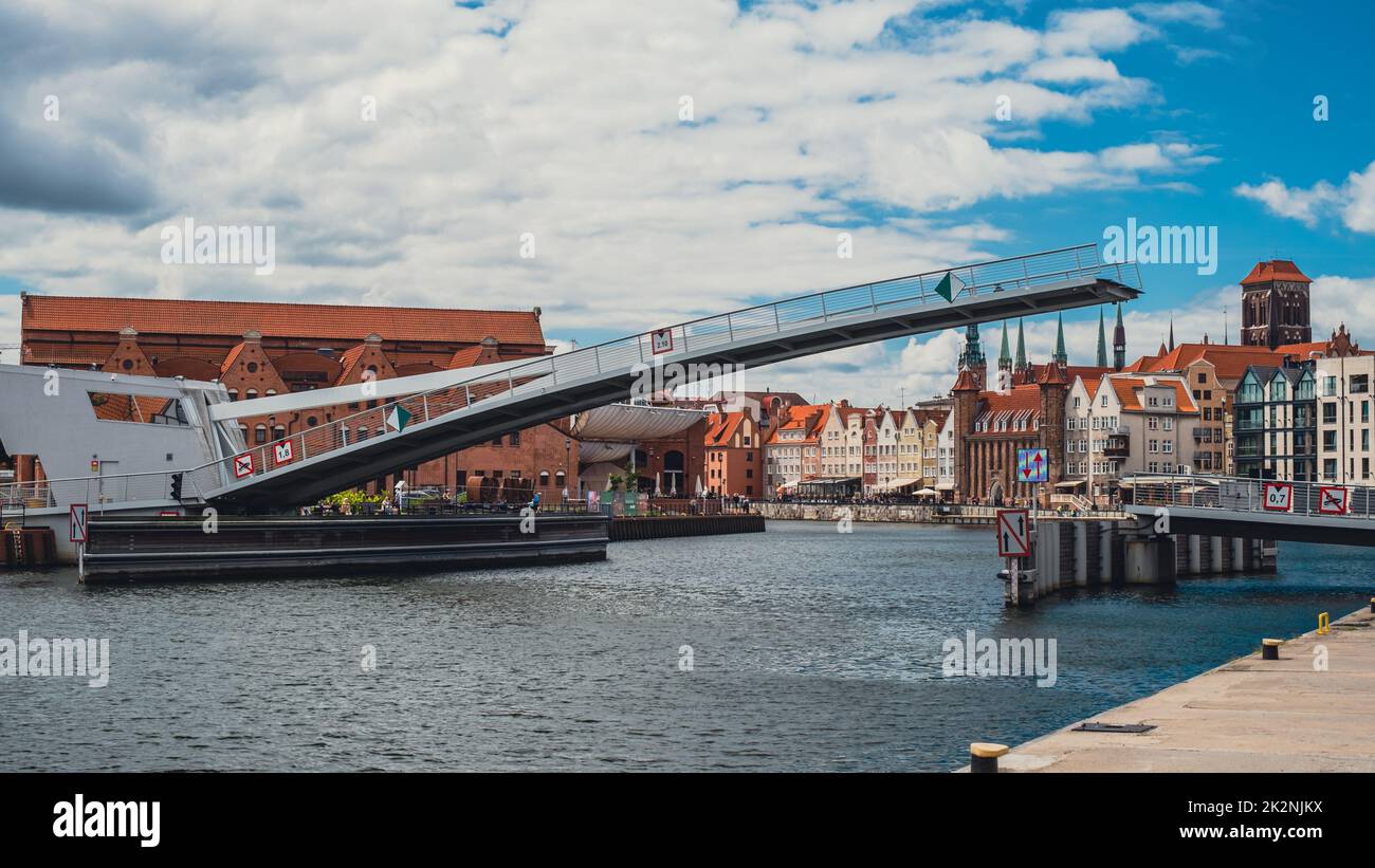 A draw bridge for pedestrians over the Wisla river in Gdansk, Poland ...