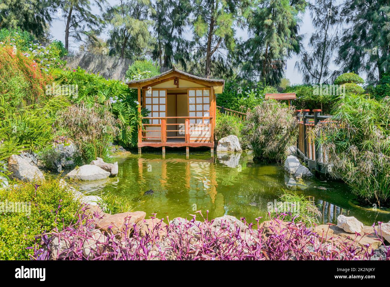 A small wooden Japanese house in Japanese garden with lush plants and ...