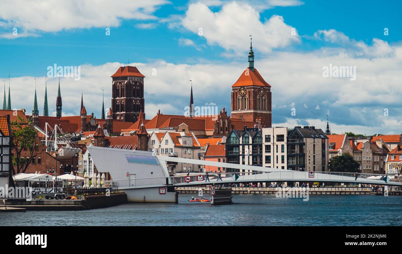 A draw bridge for pedestrians over the Wisla river in Gdansk, Poland ...