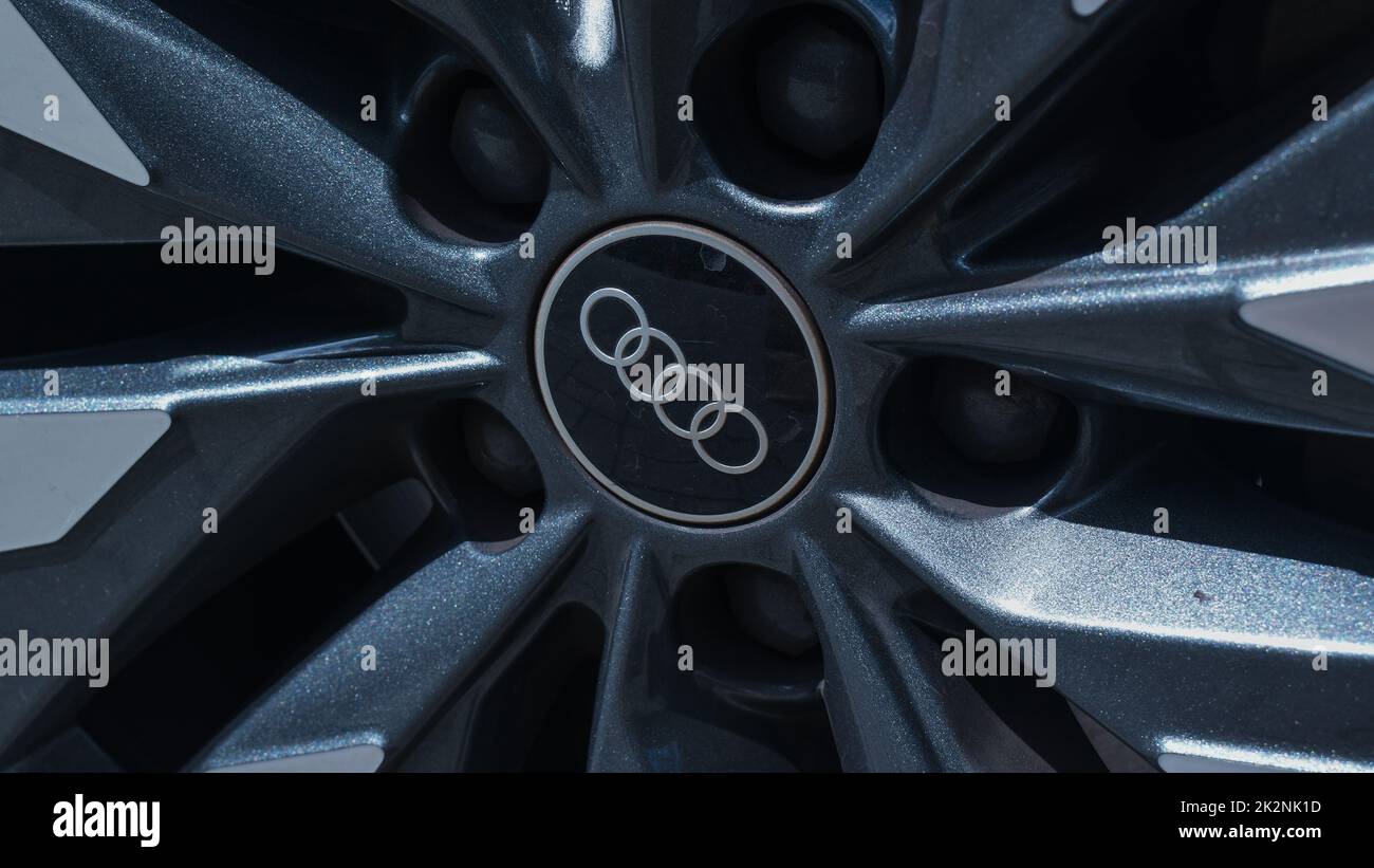 A closeup of car wheel with Audi logo Stock Photo - Alamy