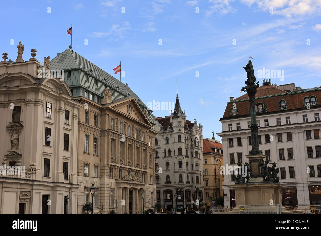 An aerial view of Hoher Markt square surrounded by buildings in Vienna ...