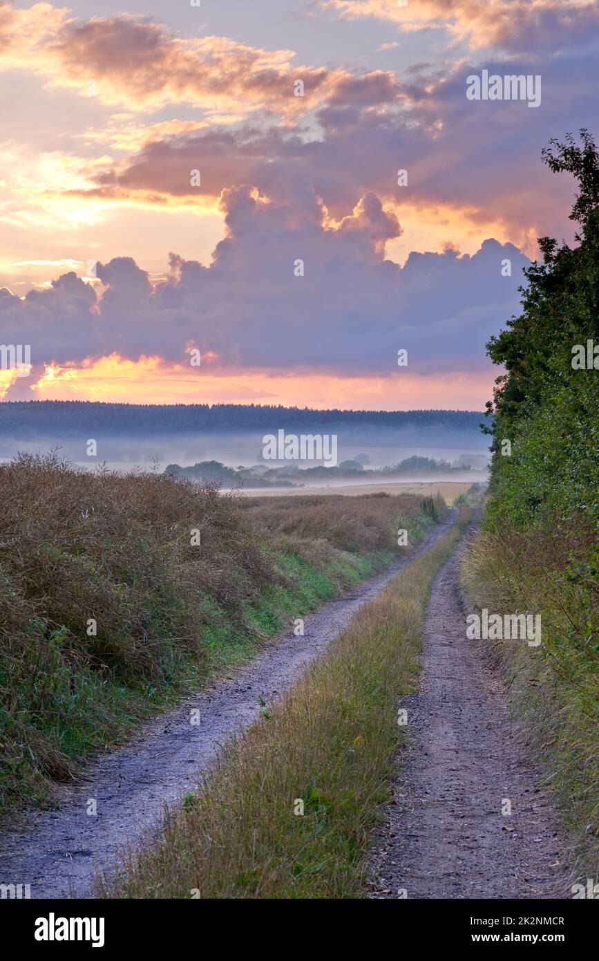 Sunrise at the countryside. Early morning photo of farmland in Denmark ...