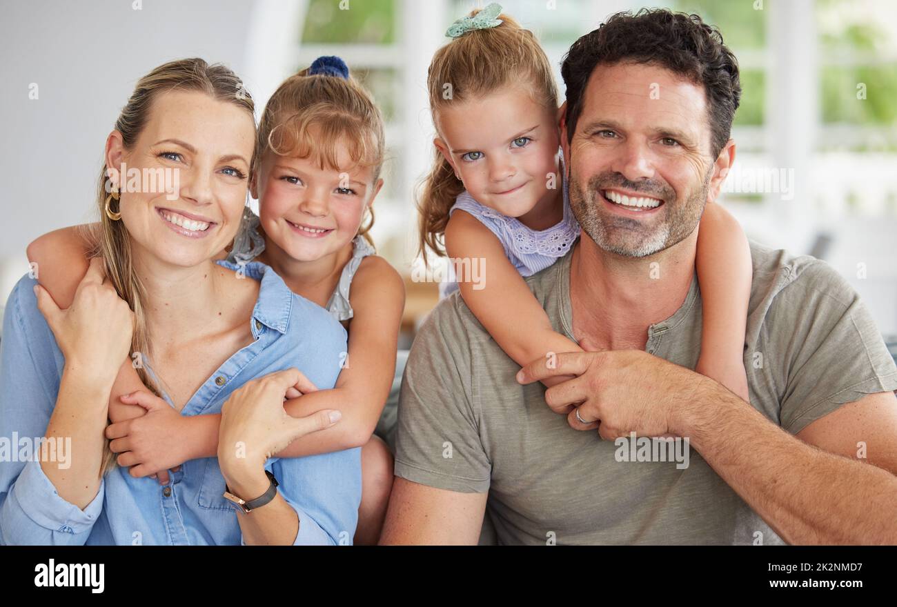 Happy, smile and portrait of relax family on home living room sofa bonding, having fun and enjoy ...