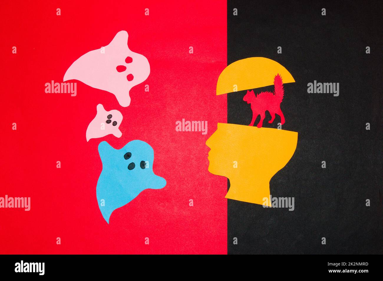 paper head opened with fear brain scared cat, three ghosts scare people ...