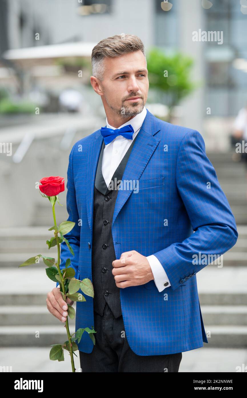 proposal concept. grizzled tuxedo man preparing for a proposal. man ...