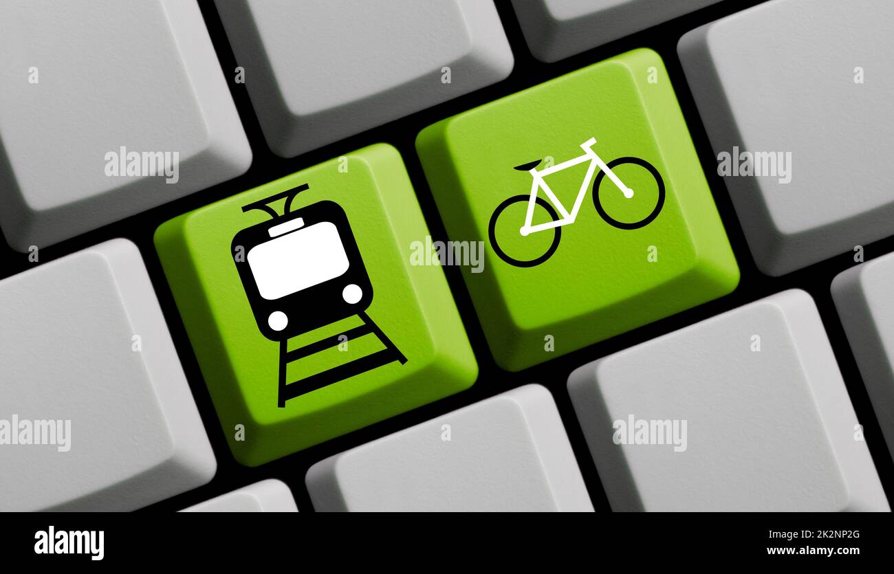 Green computer keyboard showing public transport and bike 3D ...
