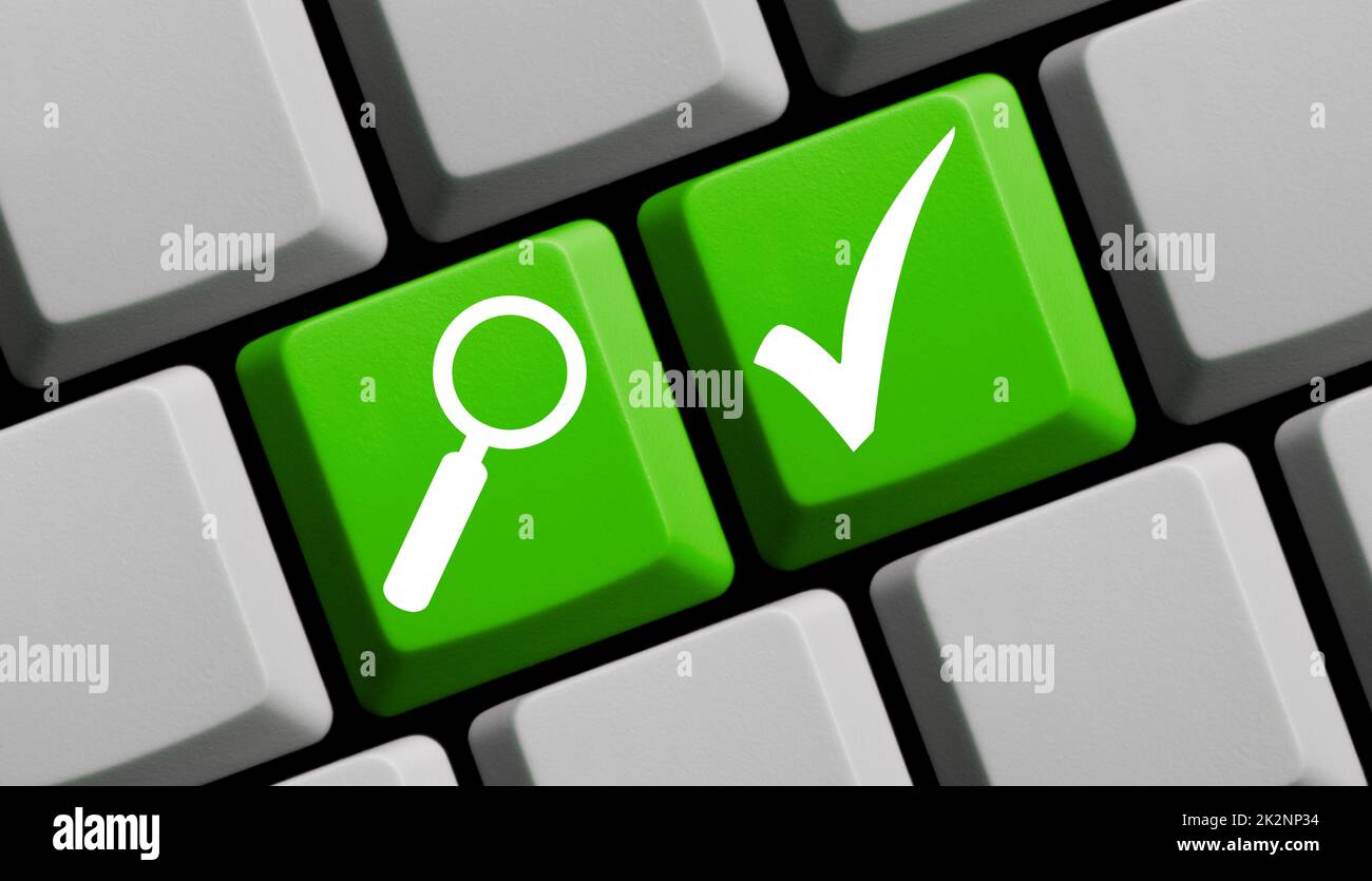 Magnify and check mark on computer keyboard - 3D illustration Stock ...