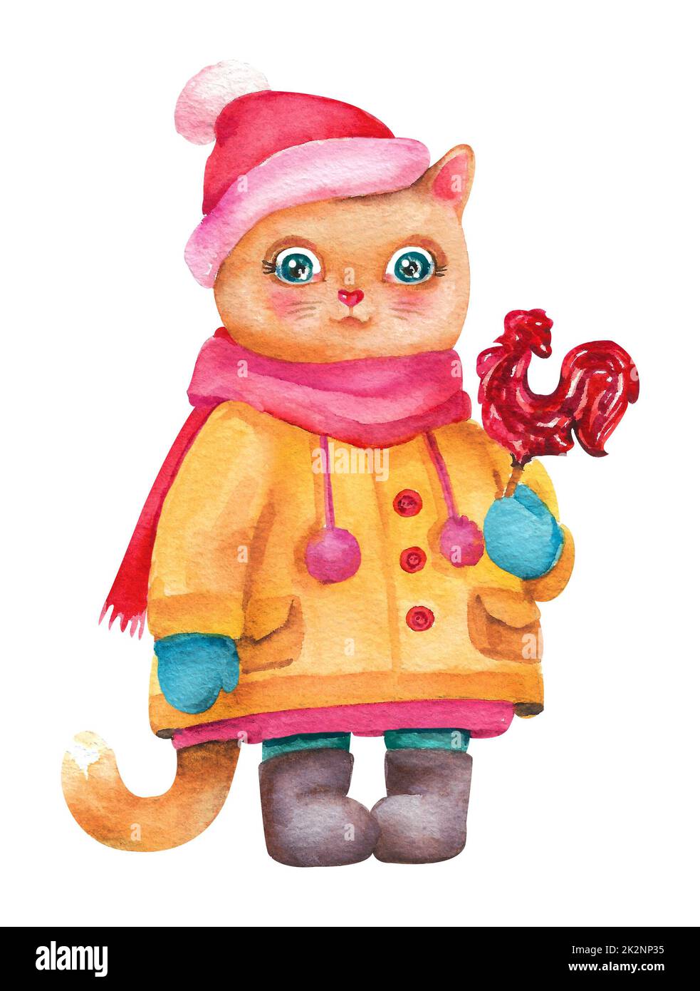 Watercolor cat. Cartoon cat in winter clothes with a lollipop in its ...