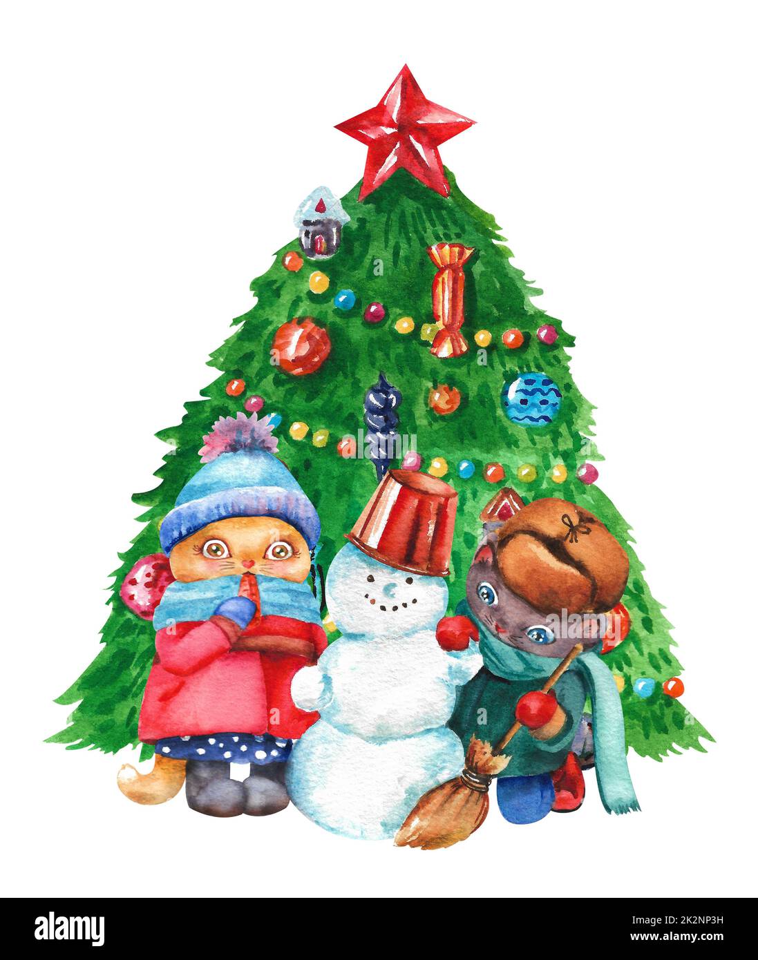 Watercolor cats. Cartoon cats in winter clothes on the background of a ...