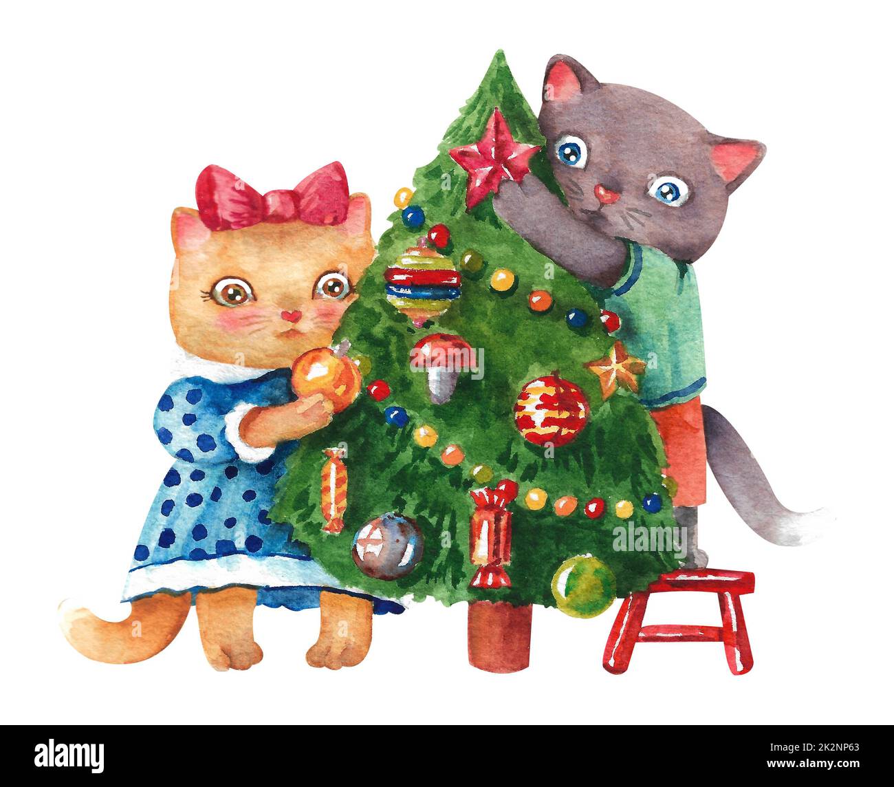 Watercolor cats. Cartoon cats in beautiful dresses decorate the ...