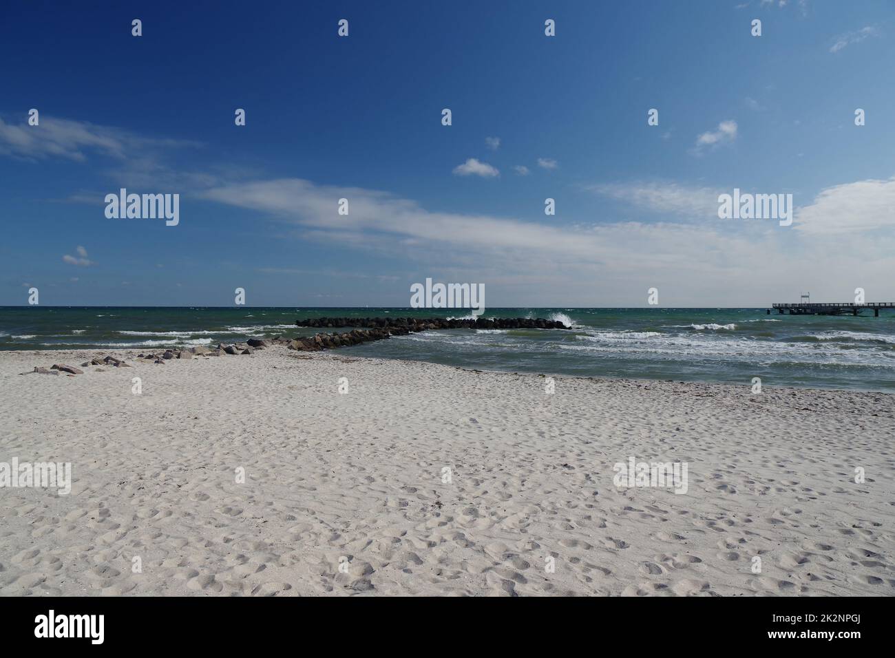 On the beach, baltic Sea, sea bridge and stone groynes, SchÃ¶nberger ...