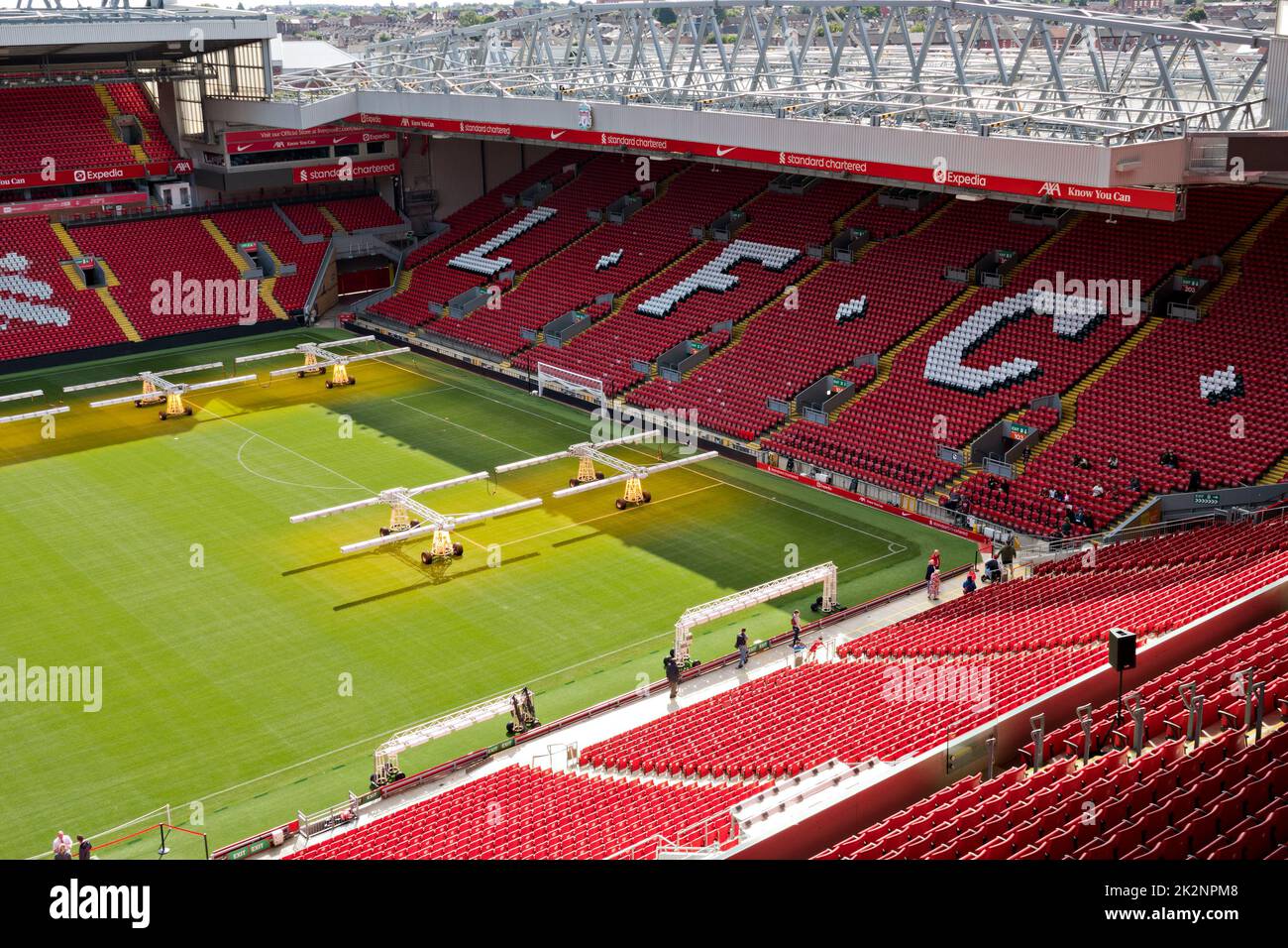 Grow lights on the pitch at Anfield home of Liverpool Football Club ...