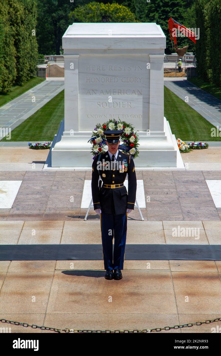 A vertical shot of a lone soldier guarding the tomb of a soldier at ...