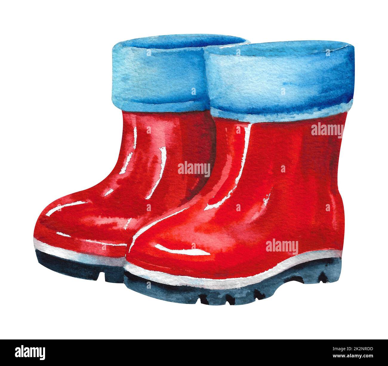 Watercolor boots. Red rain boots with blue collars Stock Photo - Alamy