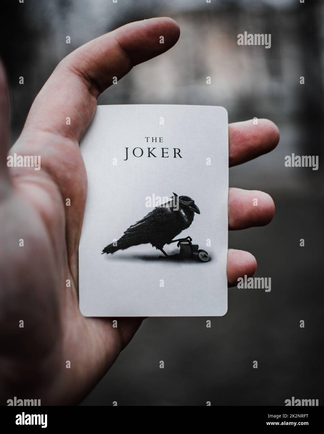 A playing card The Joker with a blindfolded raven in a hand on a blurry ...
