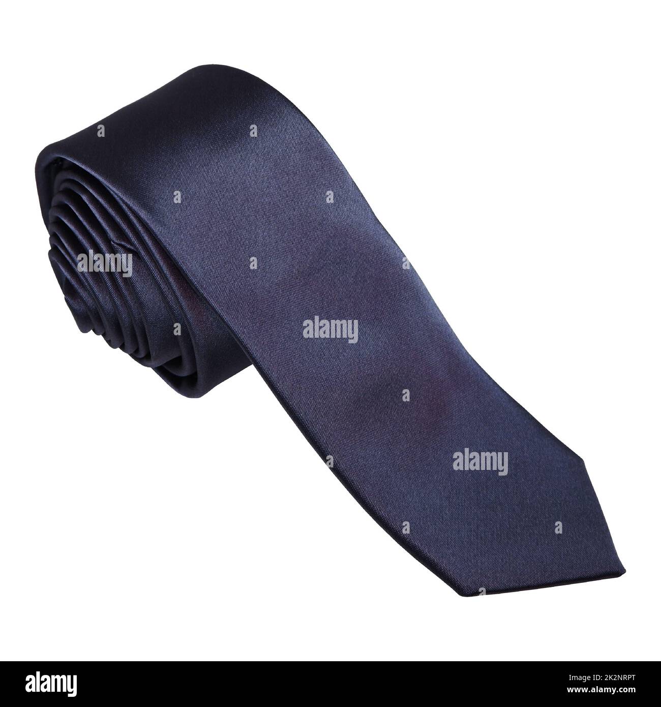 A navy blue rolled male necktie isolated on white background with ...